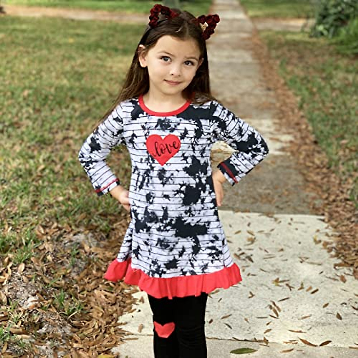 AnnLoren Girls Valentine's Day Heart Tie Dye Outfit Dress and Black Leggings size - 7/8.