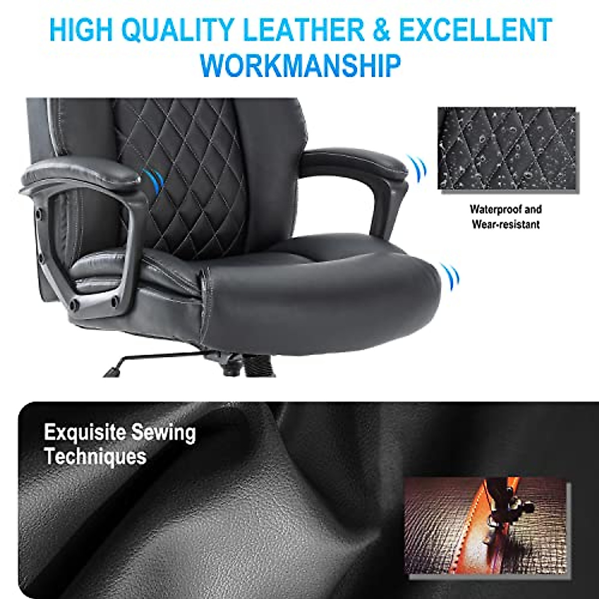HESL Ergonomic Office Chair, Leather Office Chair, Comfortable Executive Office Chair High Back,Black PU Leather Computer Chair, Modern Office Chair, Comfy Office Chair with Padded Armrests