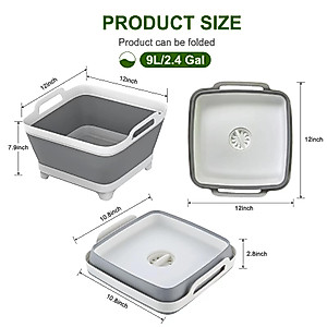 KEPPIER Dishpan, 9L Collapsible Washing Basin (Gray, PP, TPR), Portable Dish Tub with Drain Plug, Space-Saving Drying Rack for Kitchen, Camping, Laundry use