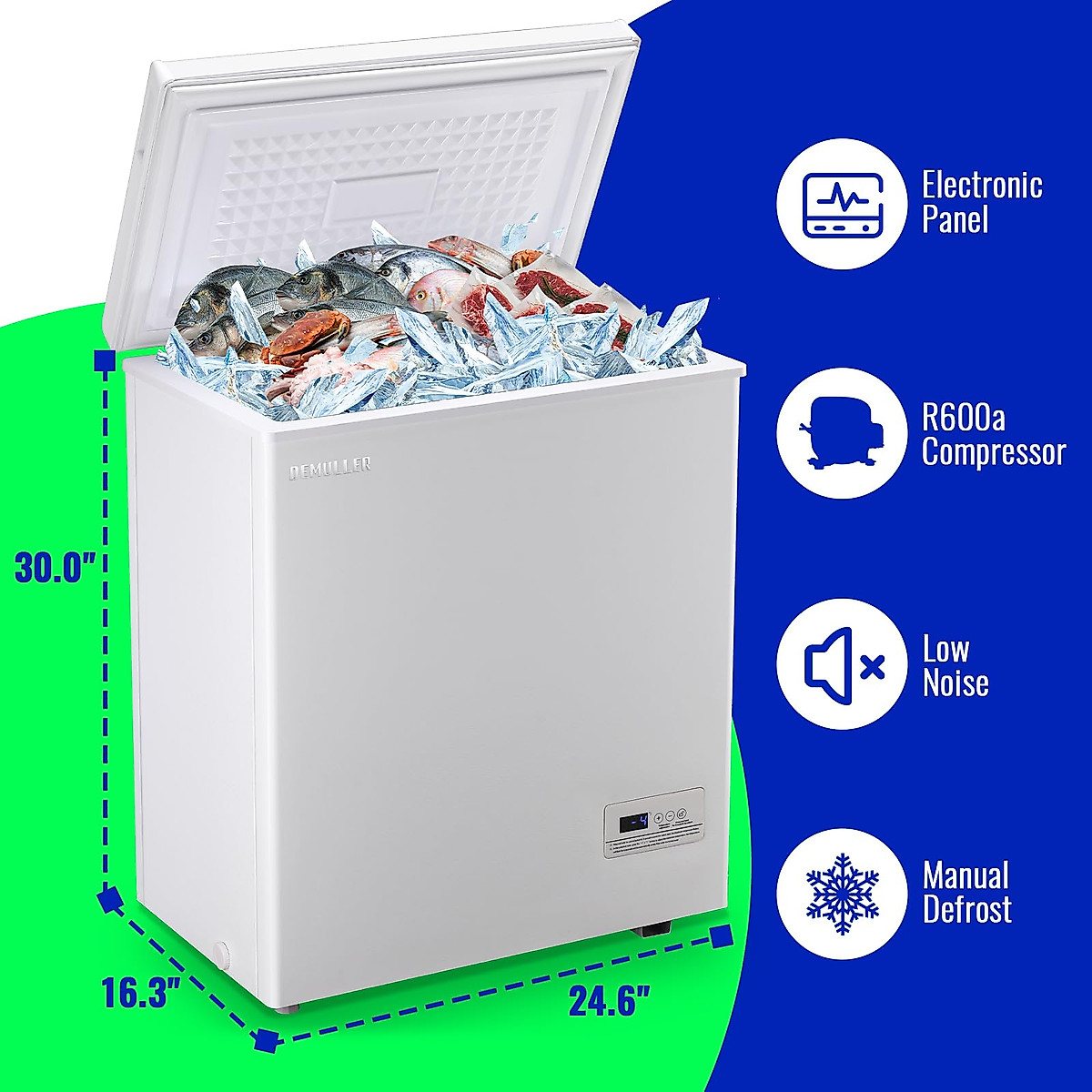 DEMULLER 4.0 Cu.ft Chest Freezer with Electronic Panel, Accurate Temperature Display to 1 ℉, Deep Freezers with 2 Removable Baskets, Compact Size Small Freezer for Any Space White