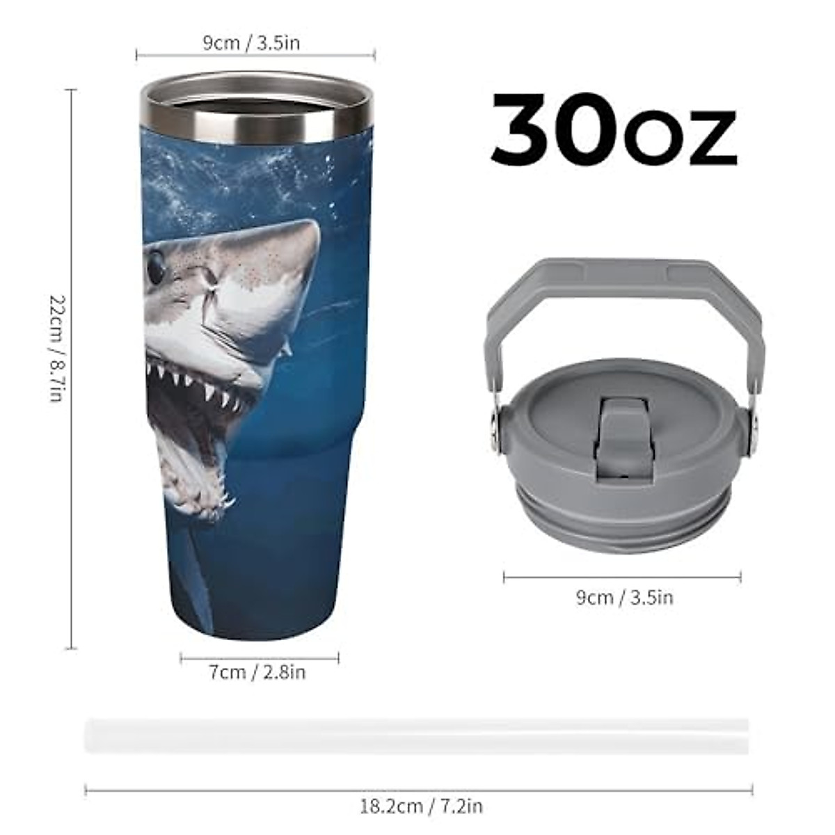 Great White Shark Opens Mouth 30 Oz Tumbler with Handle And Flip Straw, Stainless Steel Vacuum Insulated Travel Mug, Thermal Cup for Coffee, Water, Iced Drinks, Fits Car Cup Holders (Home, Sports)