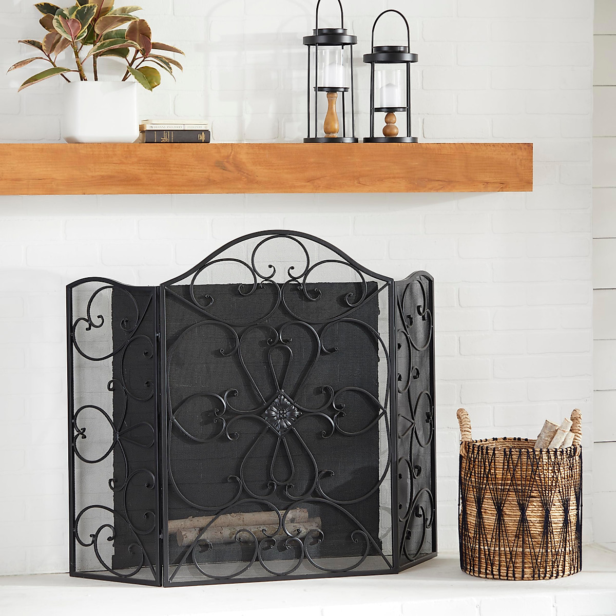 Deco 79 Metal Scroll Foldable 3 Panel Fireplace Screen with Mesh Netting, 49" x 1" x 36", Black
