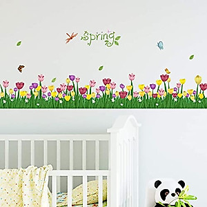 Spring Tulip Wall Decals Flower Grass Wall Stickers Removable DIY Peel and Stick Art Murals for Classroom Bedroom Girls Room Living Room Hallway Kitchen Bathroom Home Decor (Tulip)