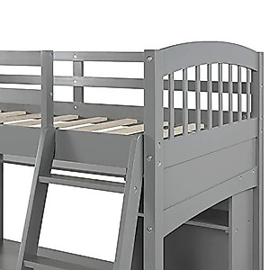 Merax Loft Bed Twin Size, Twin Loft Bed with Desk, Solid Wood Twin Size Loft Bed Frame with Shelves, Gray