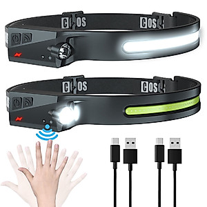 COSOOS 2 LED Headlamp Rechargeable Flashlight, Bright Headlight, Adjustable Headband for Kids & Adults, 1000Lumen Wide Beam & Spot Light, Motion Sensor, 2.4oz Lightweight, Hiking & Camping Gear