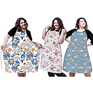 Janmercy 3 Pieces Plus Size Aprons for Women with Pockets Floral Apron Adjustable Cooking Aprons for Kitchen Cooking Baking Household Cleaning Gardening Supplies