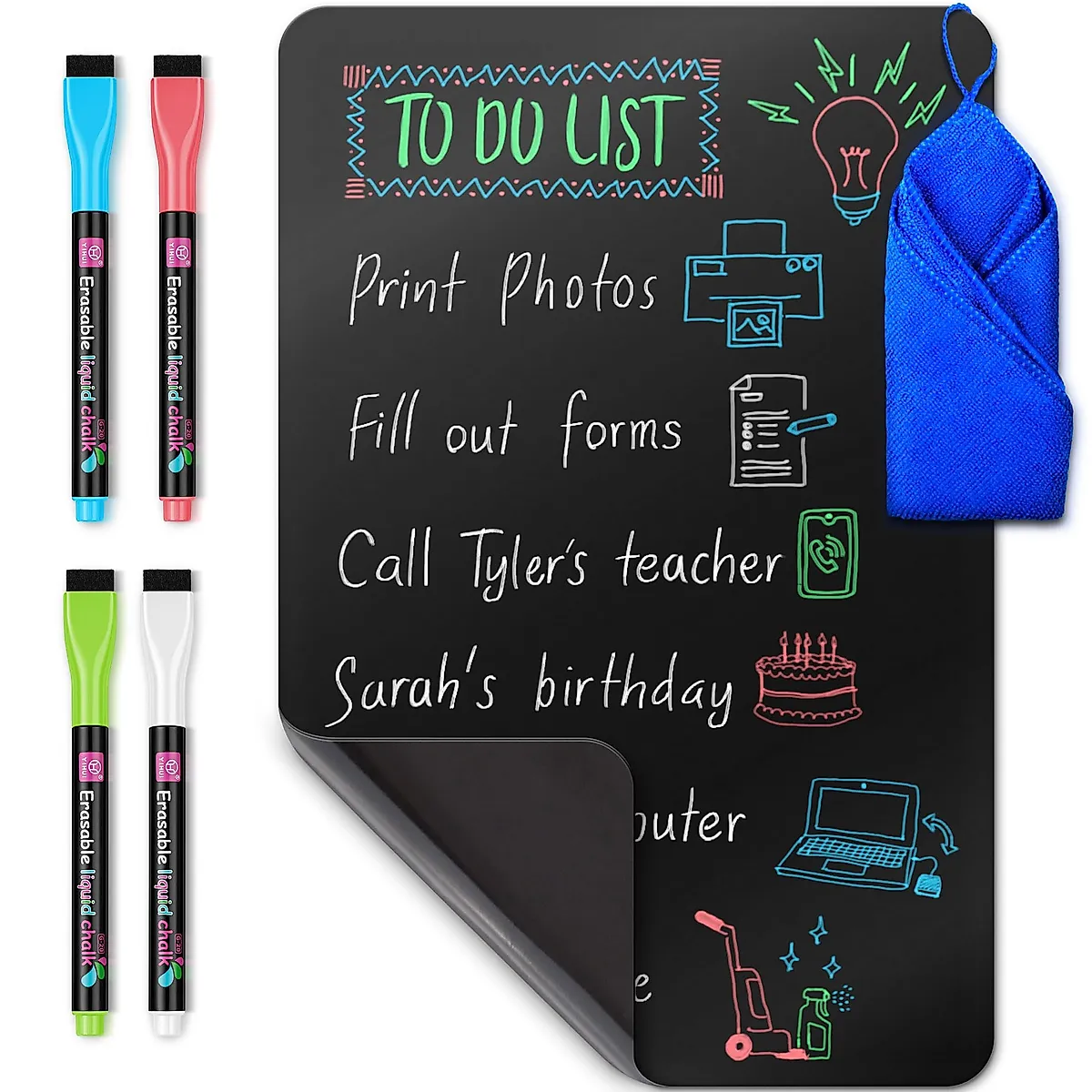 Mifflin-USA Magnetic Dry Erase Black Board Sheet for Fridge (12 x 8), Stain-Resistant Refrigerator Blackboard Organizer, Kitchen Planner Board w/ 4 Fine-Tipped Markers & Convenient Wipe Cloth