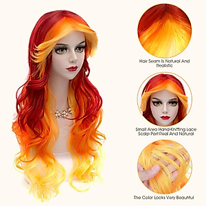 MQ Ombre Wavy Wigs for Women,29.5 Inch Long Curly Wigs,Colorful Wigs,Charming Women's Long Curly Full Hair Wig(Yellow to Orange to Red)