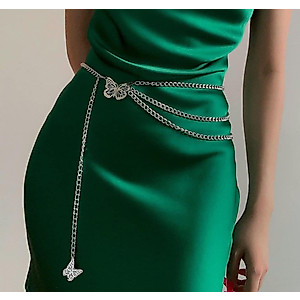 Belly Chain Belt Waist Chain Belt Western Concho Cowgirl Chain Belt for Jeans Country Concert Dress Long Tassel Body Chain Jewelry Country Concert Outfits for Women (Butterfly Silver)