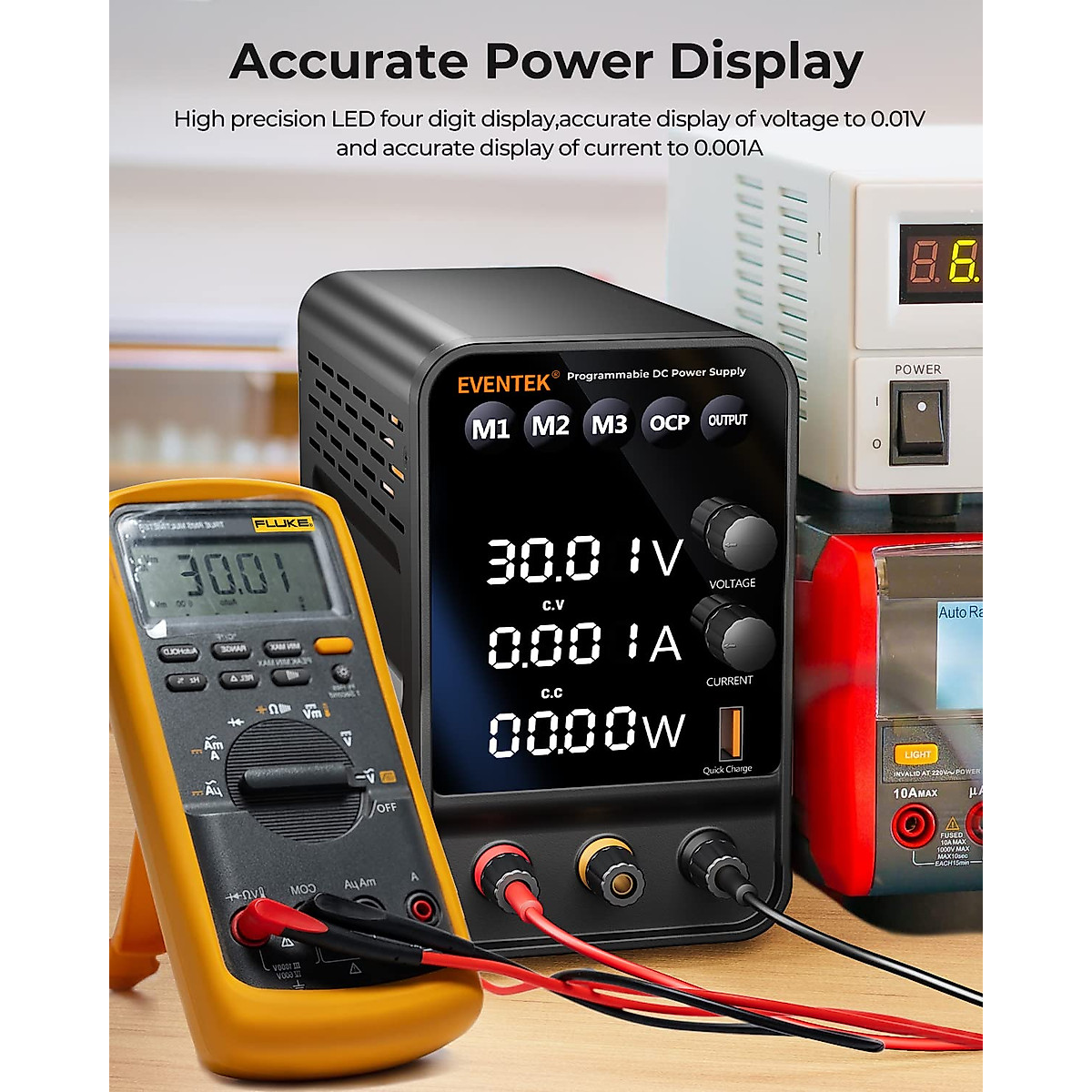 Eventek DC Power Supply, 30V/5A Variable Power Supply with Encoder Adjustment Knob, Memory Switching Bench Power Supply with 4-Digits LED Display, 5V/3.6A USB Output & Banana Plug Lead