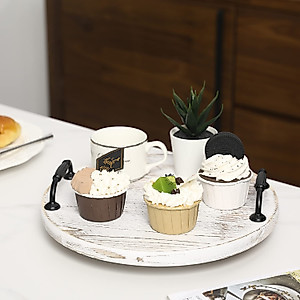 MyGift 12 Inch Whitewashed Wood Lazy Susan Turntable Rotating Tray, Round Condiment Serving Tray with Black Vintage Metal Handles