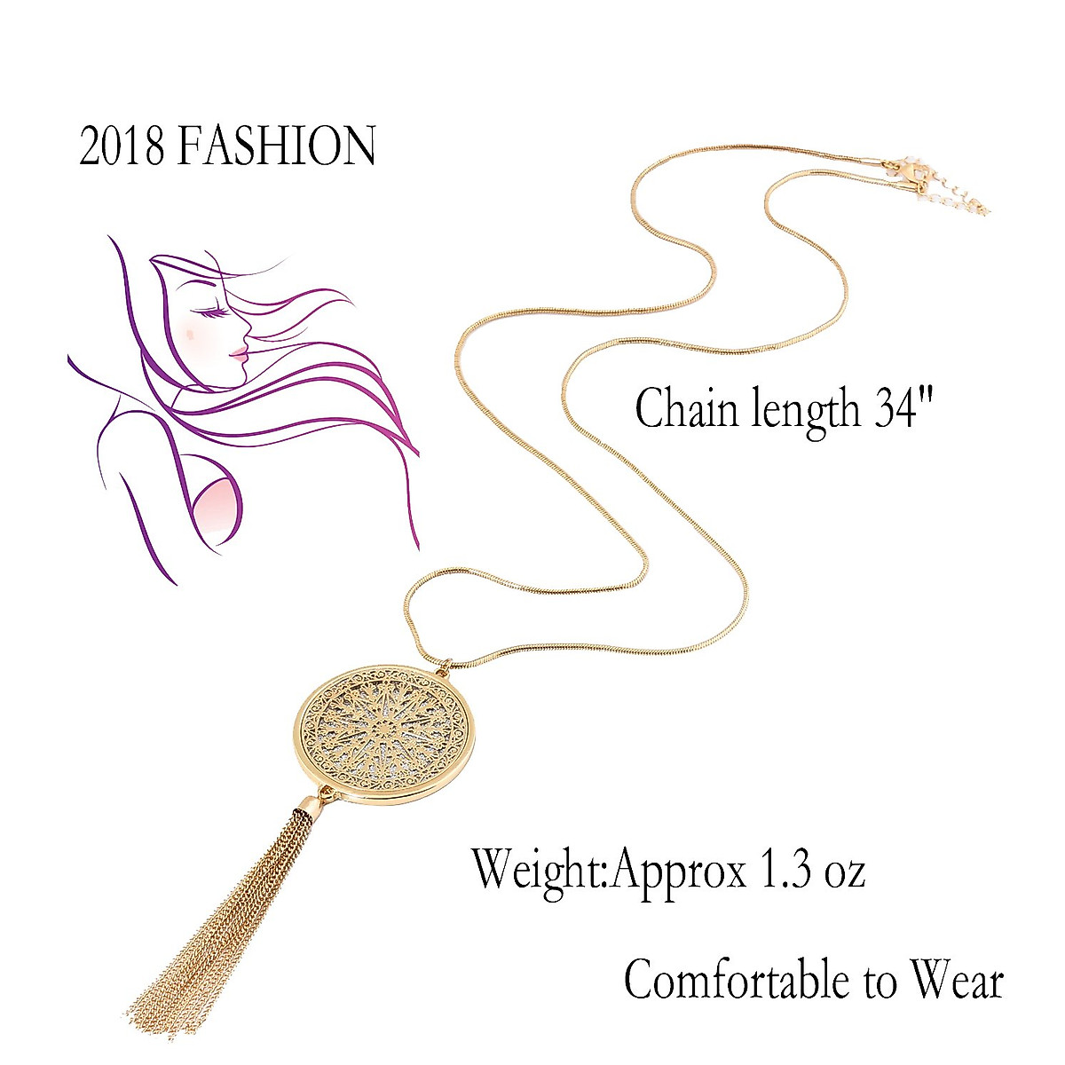 MOLOCH Long Necklaces for Woman Disk Circle Pendant Necklaces Tassel Fringe Necklace Set Statement Pendant (Gold)