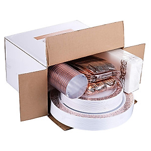 175 Piece Rose Gold Dinnerware Set 25 Guest-50 Rose Gold Lace Plastic Plates-25 Rose Gold Plastic Silverware-25 Rose Gold Plastic Cups-25 Rose Gold Paper Napkins, FOCUSLINE Disposable Dinnerware Set