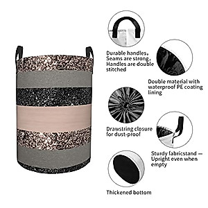 Blush Glitter Glam Stripes Foldable Laundry Hamper Freestanding Laundry Basket With Lid, Collapsible Large Drawstring Clothes Hamper Storage