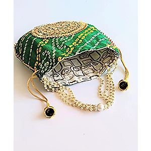 Potli Bag For Woman Ethnic Bandhej Polti Bag, Elegant Evening Wedding Party Purse For Women's BY PANACHE MERCHANT (Green)