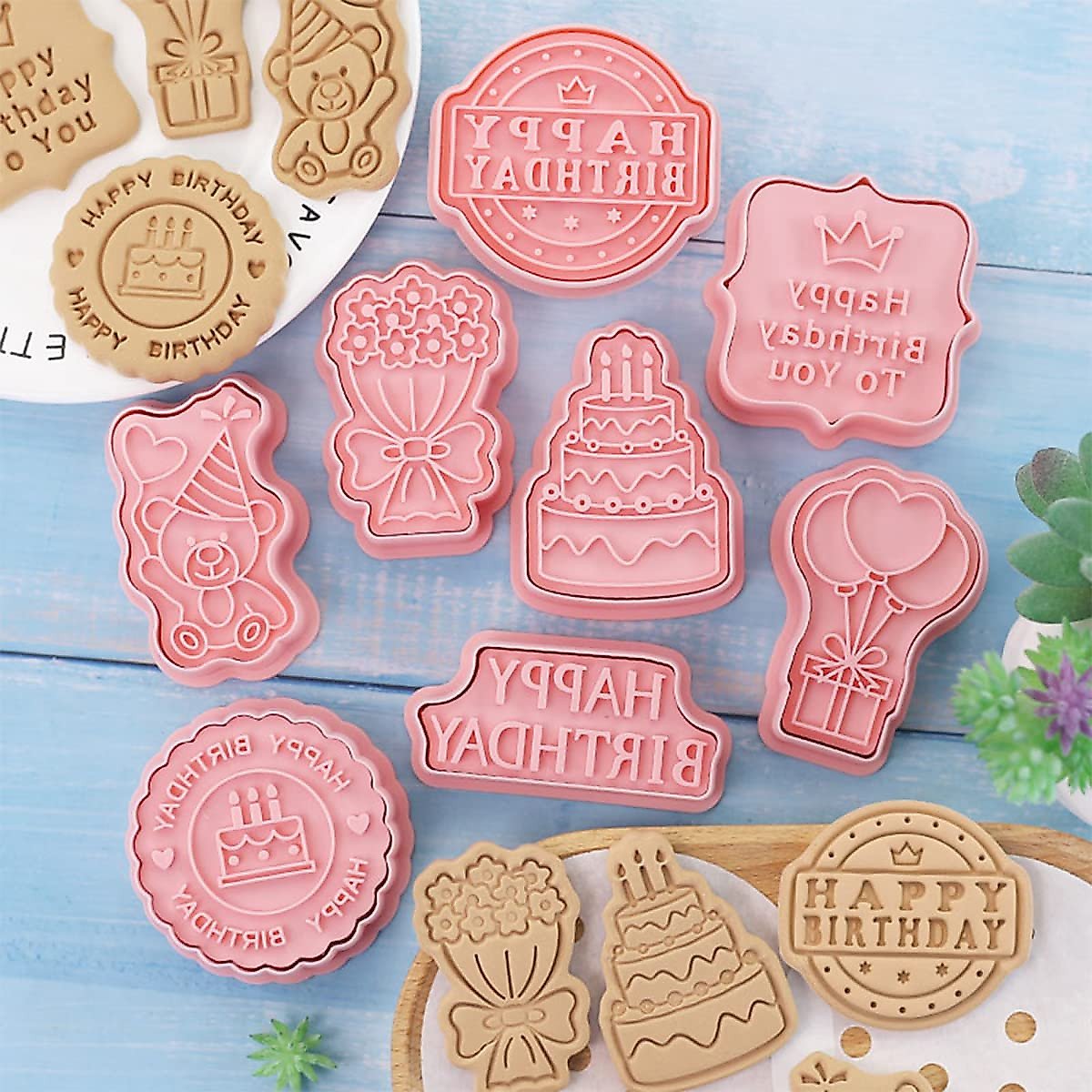 Pink PP Material Birthday Cookie Cutters, 8 Pcs Theme Set Embossing Dies and Plunger Dies for Fondant Cookies Pastry Cheese Baking(Birthday)