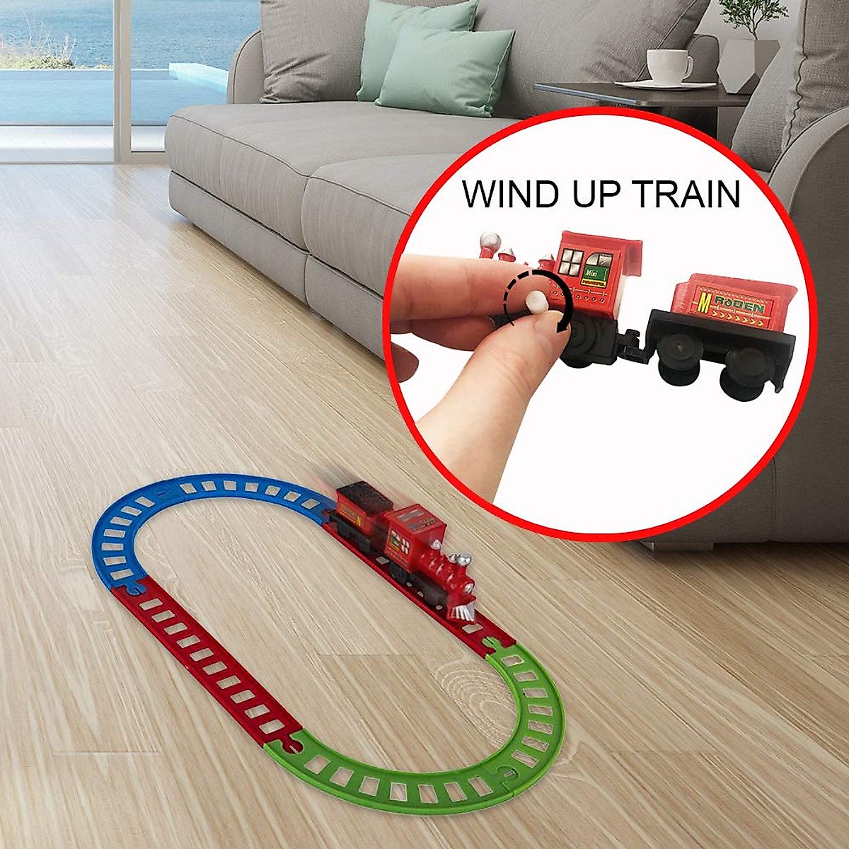 ArtCreativity 8-Piece Wind-Up Train Set for Kids, Toy Train Set with 2 Cars and 6 Tracks Each, Durable Plastic, Cute Christmas Holiday Train for Under The Tree, Great Gift Idea for Boys and Girls