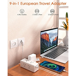 European Travel Plug Adapter with USB, WRXDMC Adapters for Travel Europe, US to Europe International Power Adapter Travel Essentials with 6 Outlets 3 USB for EU Spain France Germany Iceland Greece