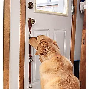 CATHYLIFE Leather Dog Doorbells for Door Knob/Potty Training/Go Outside, Length Adjustment Copper Dog Bell, Housetraining Hanging Bell, Brown Leather Golden Bells.