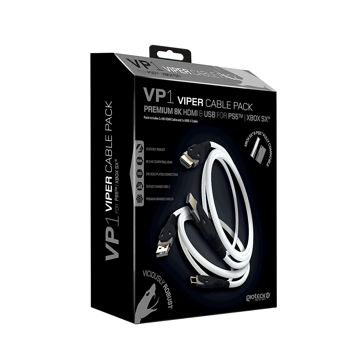 Gioteck Viper Pack - Gaming Cable HDMI PS5/Xbox Series x Premium 2.1 8K and USB C Fast Charge, 3 m Nylon Cable with 24K Connectors - Compatible with PS4/PS5/Xbox One/Series/PC - White