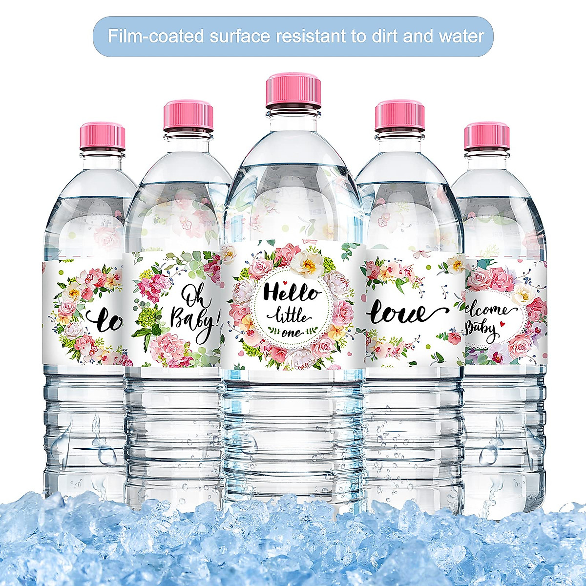 Chinco 48 Pieces Waterproof Baby Shower Water Bottle Labels Pink Water Bottle Wrappers Floral Bottle Labels Unisex Water Bottle Sticker Labels Shower Decorations for Baby Birthday Party, 4 Styles