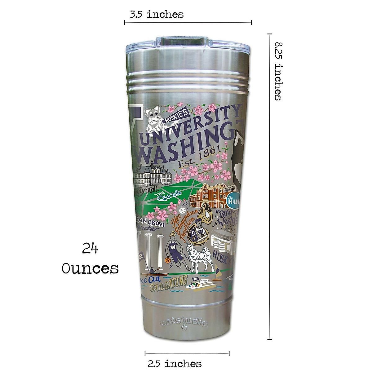 Catstudio Washington, University of Collegiate Thermal Tumbler | Triple Wall Insulation With Non Slip Bottom | Great College Travel Cup for Water, Coffee, Tea, or Smoothies