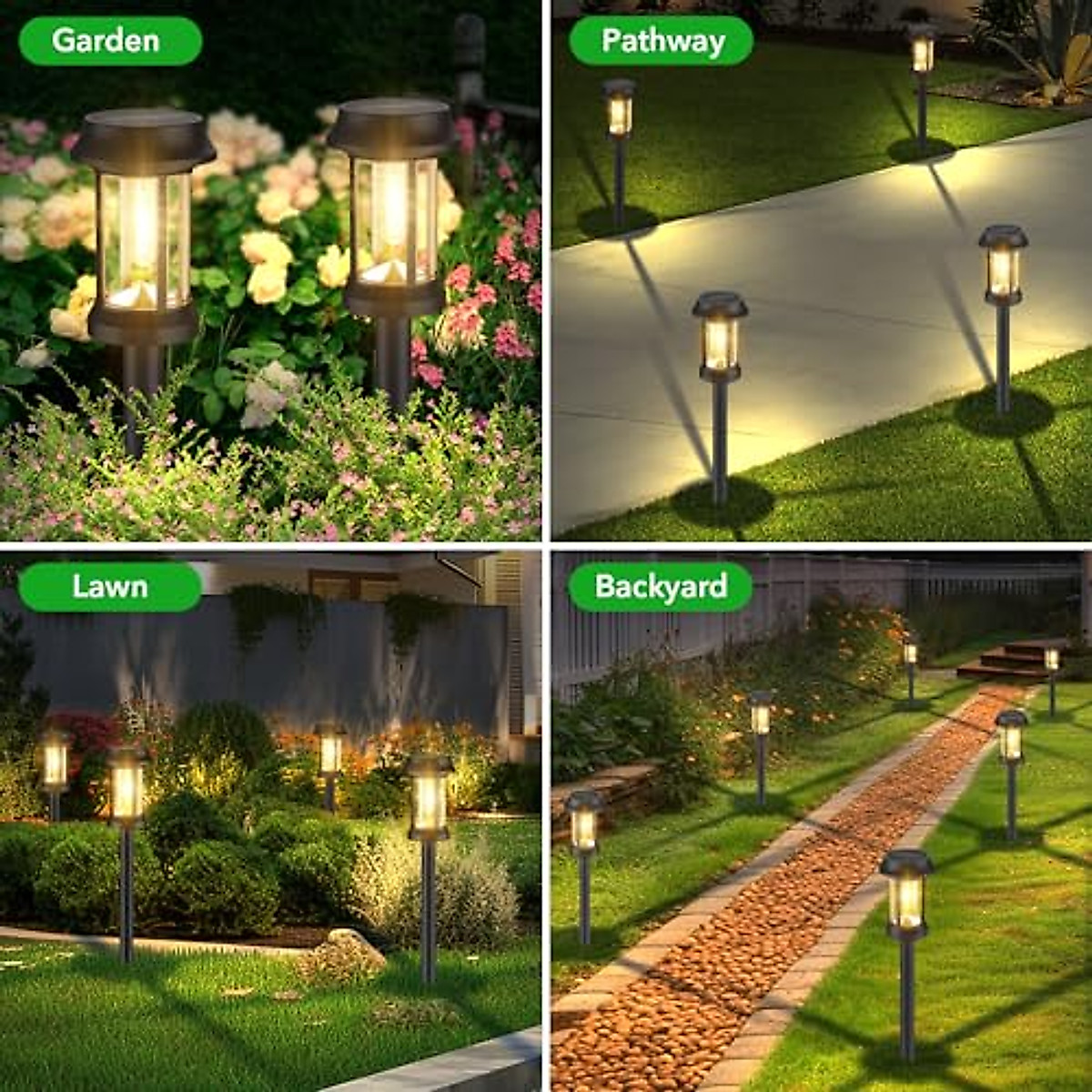 Solar Pathway Lights - 8 Pack, Glass & Metal Solar Powered Outdoor Lights, 10 Hours of Lighting for Garden, Yard, Driveway, Path, Landscape Decor (Black)