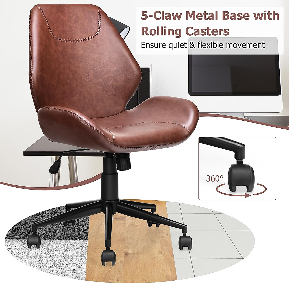 COSTWAY Armless Office Desk Chair, Mid-Back PU Leather Computer Task Chair with Rocking Back & Swivel Seat, Ergonomic Adjustable Leisure Chair with 5-Claw Metal Base for Home Office, Brown