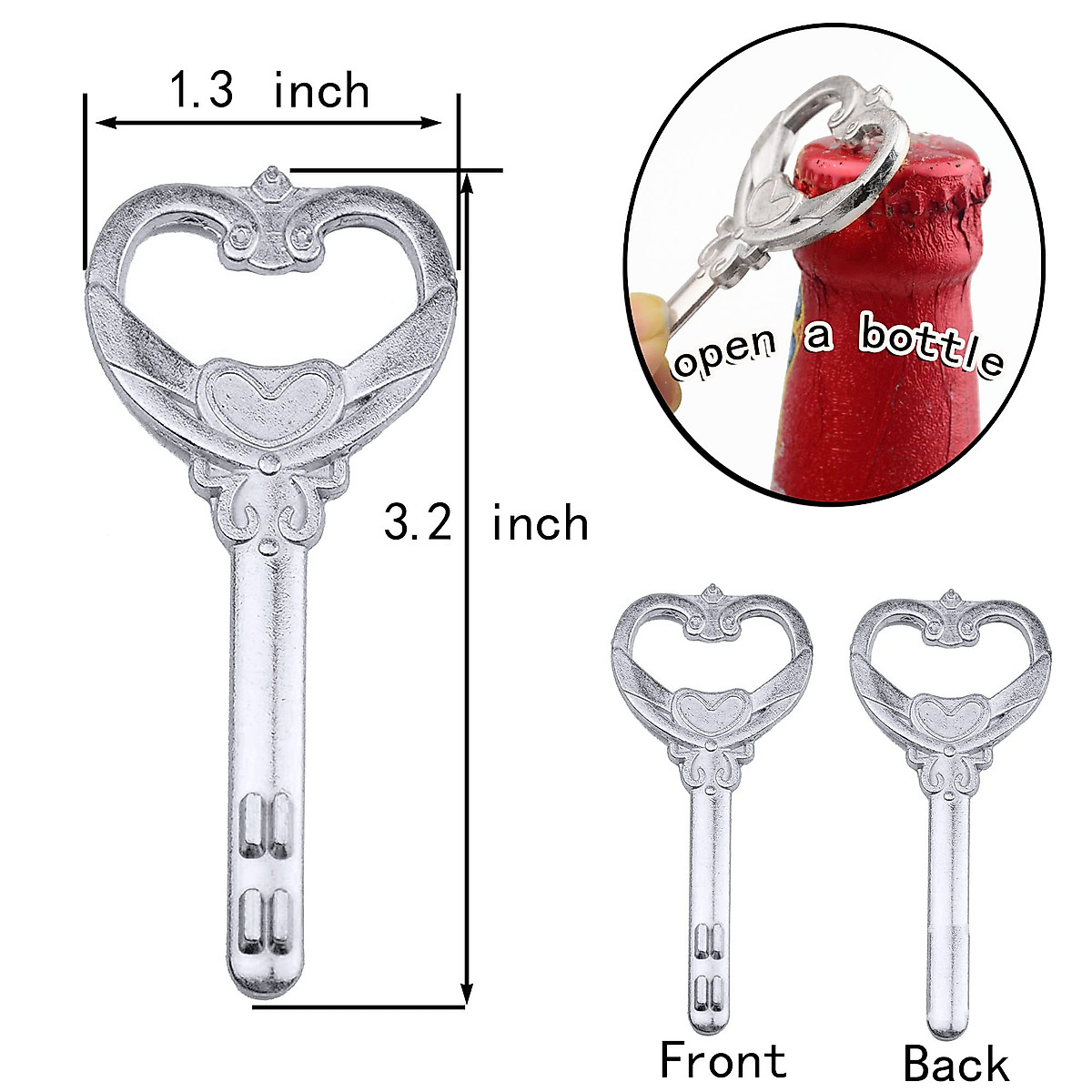 Aokbean 50pcs Skeleton Key Bottle Opener Place Card Holder for Weddings Table Name Cards for Guests Souvenirs with French Ribbon (Antique Silver)