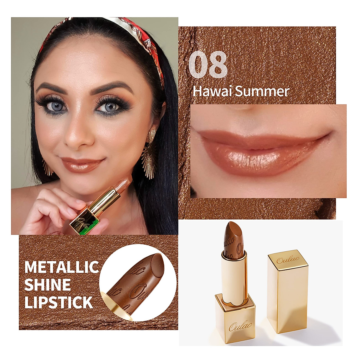 Oulac Dark Brown Lipstick for Women with Metallic 3D Shine Lightweight Hydrating Formula, High Impact Lip Color, Vegan Beauty, Full Coverage Lip Makeup, Hawaii Summer(08)