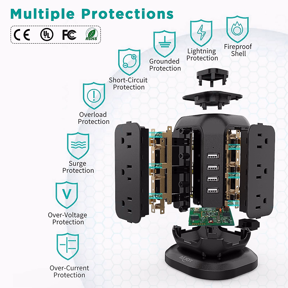 AiJoy Power Strip Tower 16.4 ft Cord & Power Strip with USB C Ports, USB Charging Station with Overload Protection, Living Room, Office, College Dorm