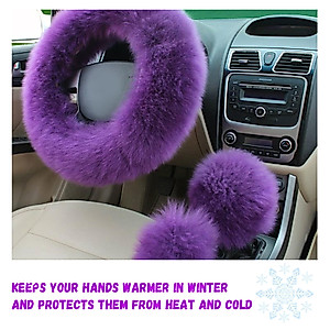 Ziciner 3PCS Wool Steering Wheel Cover with Fuzzy Handbrake Cover & Gear Shift Cover, Universal 15 Inch Steering Wheel Fluffy Soft Protector, Comforting Warm Car Decoration for Women Men (Purple)