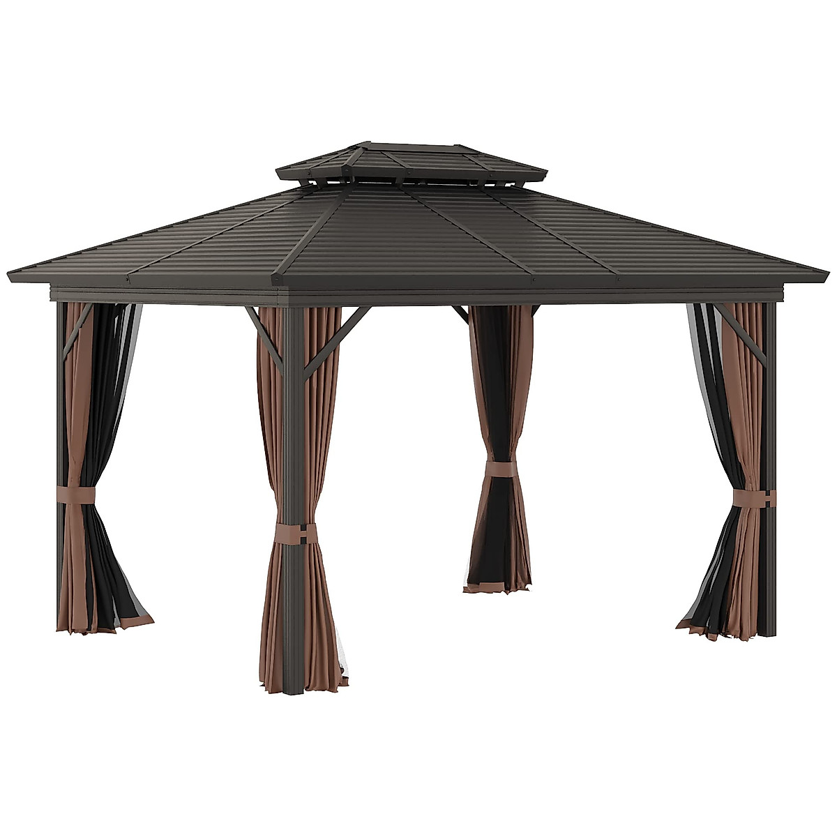 Outsunny 10' x 12' Hardtop Gazebo with Curtains and Netting, Permanent Pavilion Metal Double Roof Gazebo Canopy with Aluminum Frame and Hooks, for Garden, Patio, Backyard, Brown