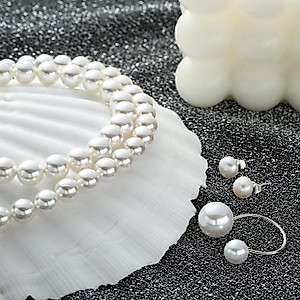 Pearl Necklace Jewelry Set for Women,Complete Set of Pearl Jewelry Includes Necklace Bracelet Earrings, Fashion Pearl Jewelry with Box for Wife Mom Sister Bride Bridesmaid (Simulated Pearl_4 Set)