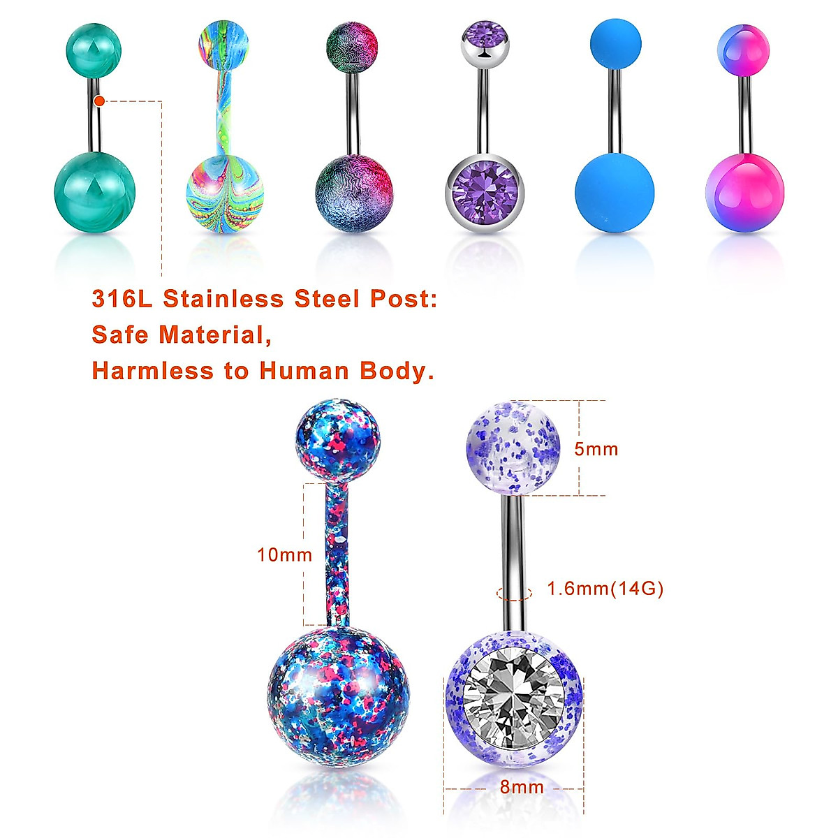 ONESING 40 Pcs 14G Belly Button Rings Belly Rings for Women Belly Piercing Jewelry Belly Barbells Navel Rings Body Piercing Jewelry Stainless Steel Jewelry Silver Ring Body Bar