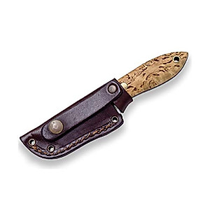 Joker Bushcraft Avispa S CL121, curly birch wood handle, 3.15 inches blade with spine grip, includes brown leather Sheath, Tool for fishing, Hunting, camping and hiking