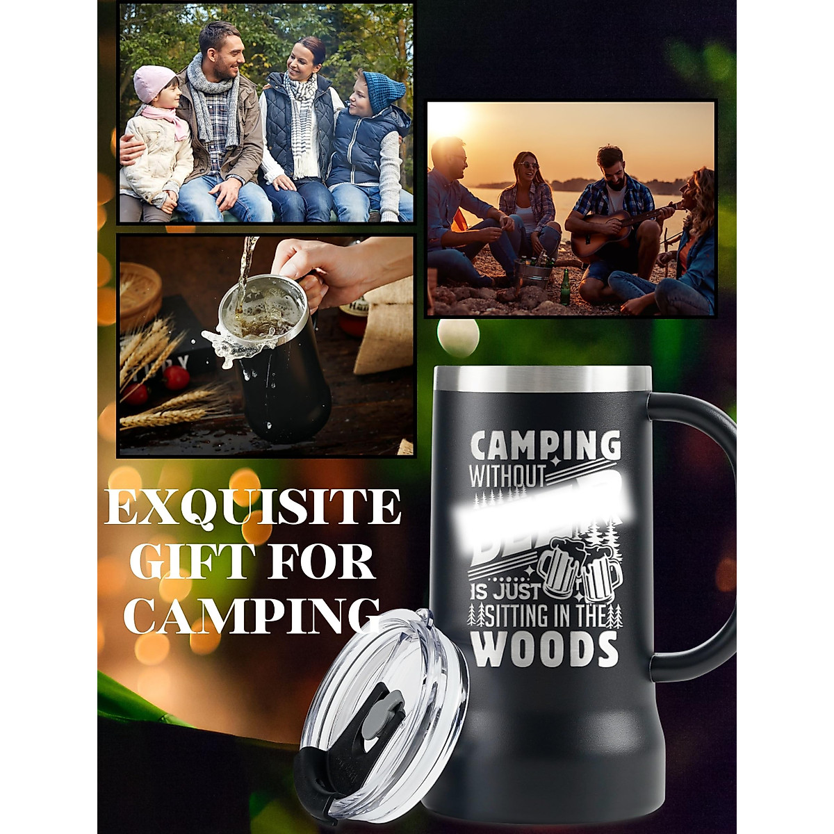 Onebttl Camping Gifts for Men, Camper, Camping Lovers - Camping Without Beer 24oz Stainless Steel Beer Mug Beer Stein Tumbler, 24oz Beer Mug with Lid