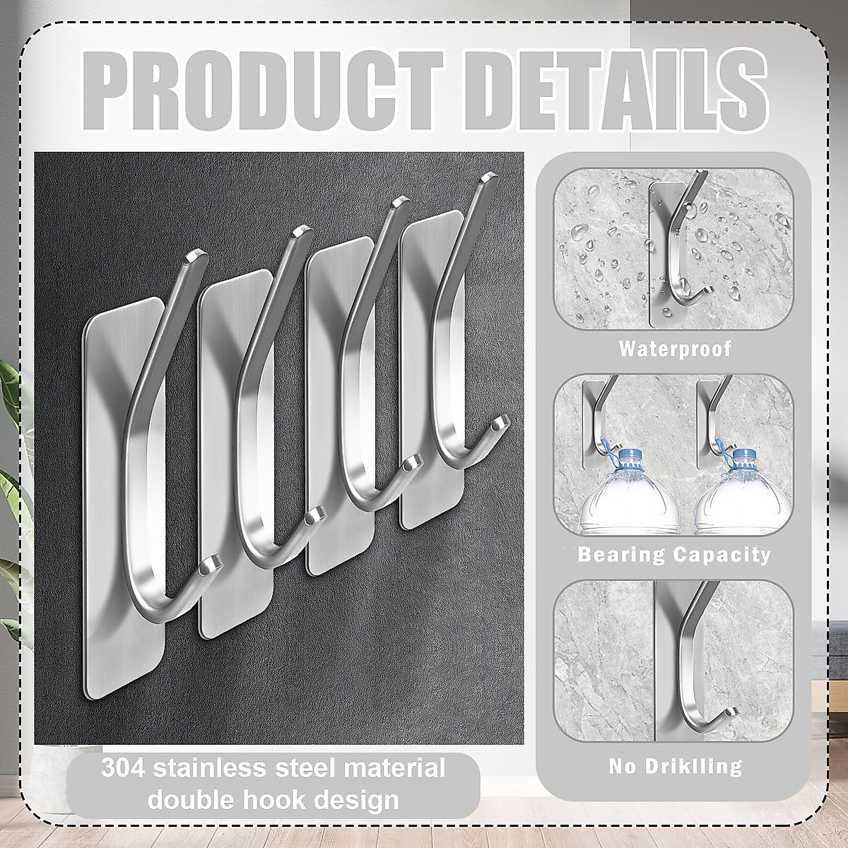 Tivcck Adhesive Towel Hook,5 Pack Adhesive Wall Hooks,Stick on Wall Hooks for Hanging Robe Coat,Metal Adhesive Hooks Heavy Duty,Stainless Steel Bath Towel Hooks for Bathrooms Kitchen,Silver