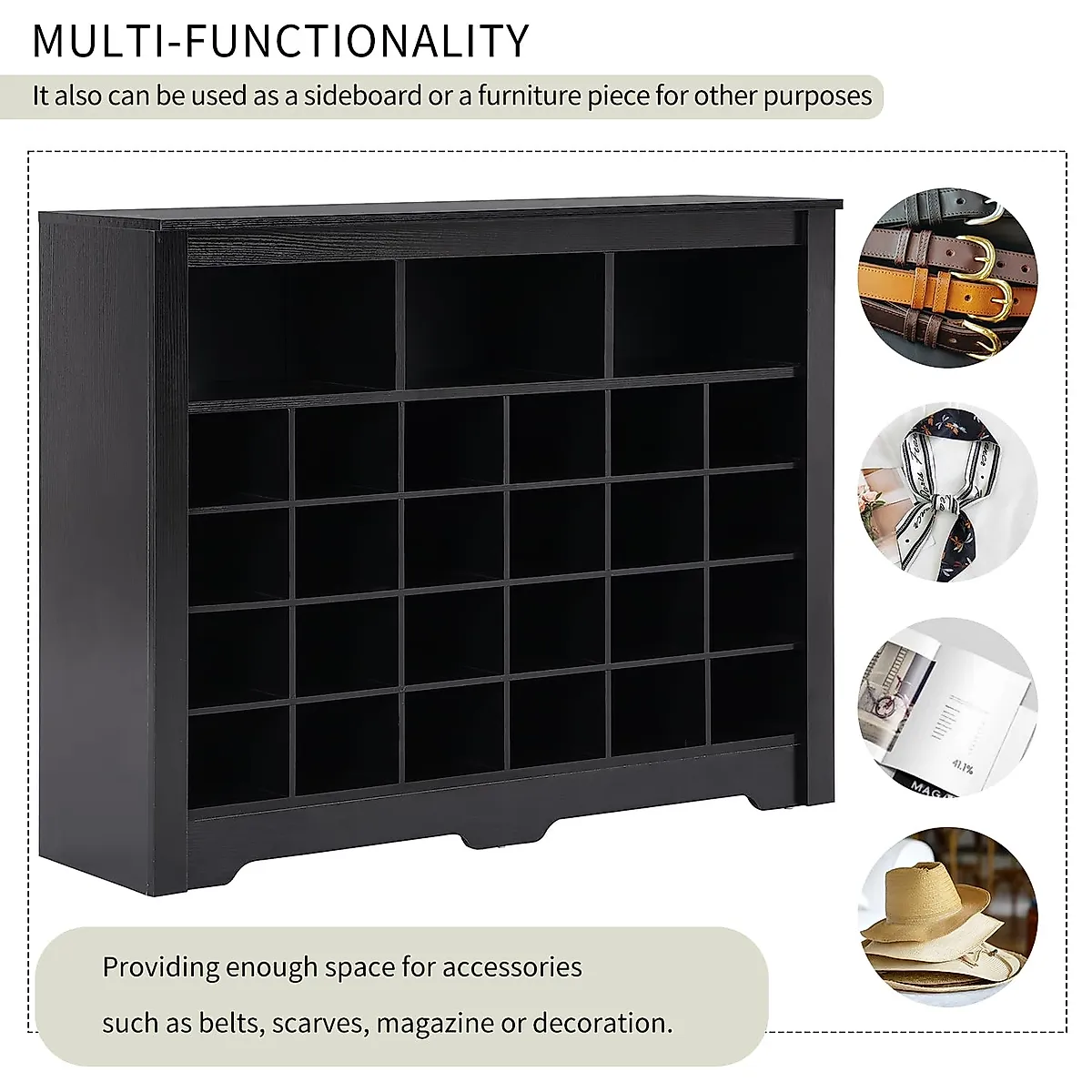 Linique 24 Shoe Cubby Console,Modern Shoe Cabinet Storage with Curved Base,Versatile Sideboard Shoe Organizer for Hallway,Bedroom,Living Room,Black