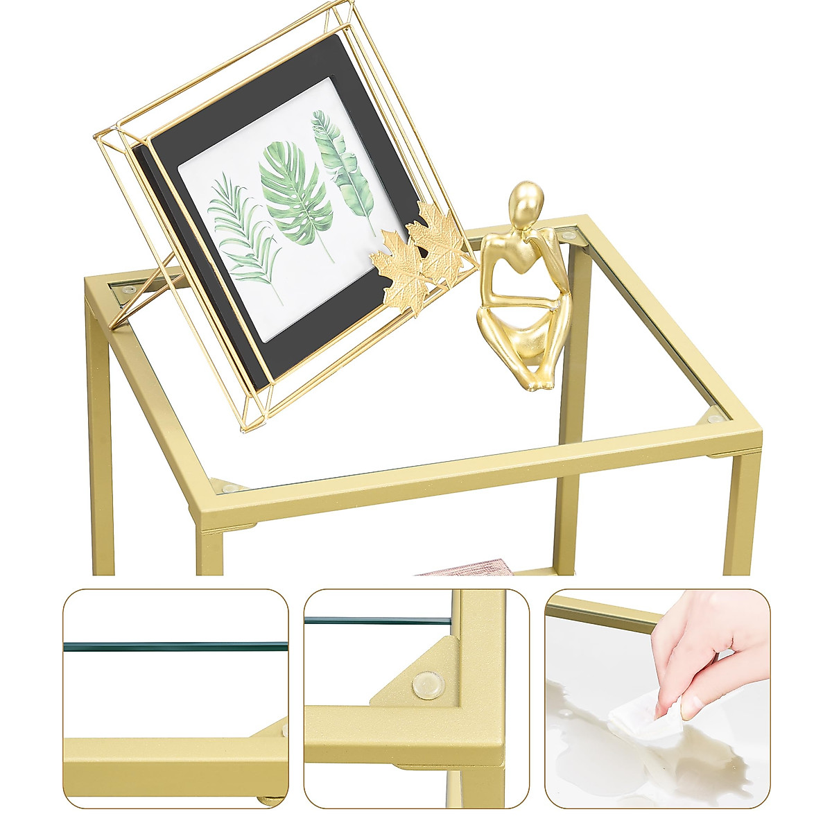 Homhedy 4-Tier Bookshelf,Metal Bookcase,Tempered Glass Shelves,Storage Rack Shelf for Home Office,Living Room,Bedroom, Bathroom,Modern Style,Golden