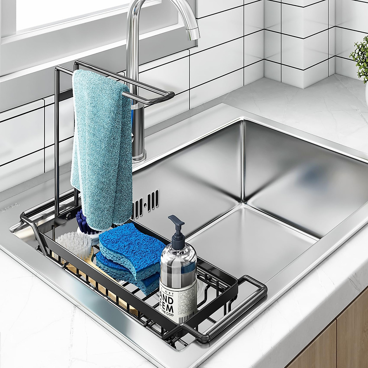 Sink Caddy Sponge Holder Telescopic Kitchen Sink Organizer, Expandable 16.7" to 21" Over The Kitchen Sink Accessories with Dishcloth Towel Holder for Rag Brush Soap Dishwashing Liquid