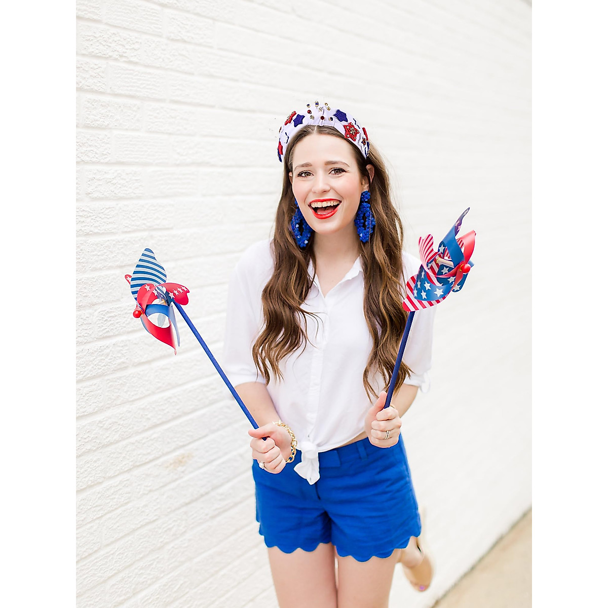 GLBCC 4th of July Knot Headband for Women Red White Blue Star Hairband Pearl Rhinestone Stars Beaded USA Patriotic Knotted Head Band Headpiece Hair Accessories (patriotic headband A)