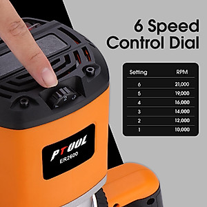 PTOOL 3.25HP/15A Fixed Base Router, Soft Start, 6 Variable Speed from 10000 to 21000RPM, Precise Depth Adjustment, 1/2" Collet, 4.2" Diameter, 3-1/4 HP Industrial Router, Model PT-001