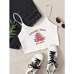 Floerns Women's Sleeveless Camisole Letter Print Crop Cami Top A White L