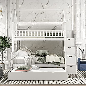 DEYOBED Twin Over Full House Shaped Wooden Bunk Bed with Trundle and Storage Staircase - Perfect for Kids and Teens, Maximizing Space and Convenience in Bedrooms