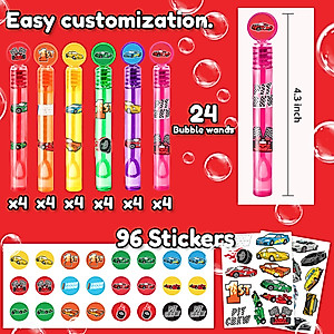 24PCS Race Car DIY Bubble Wands Party Favors 96PCS Stickers for Girls Goodie Bag Fillers Pinata Stuffers, Mini Bubble Bulk Car Birthday Party Supplies Toys Gifts Class Prizes Toddlers Boys