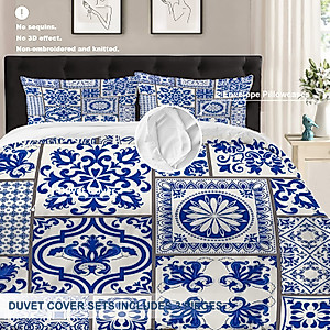 Batmerry Blue and White King Size 3 Pieces Bedding Comforter Cover Sets,Soft Fluffy Abstract Patchwork Mosaic Tiles Pattern Printed Duvet Cover for All Season