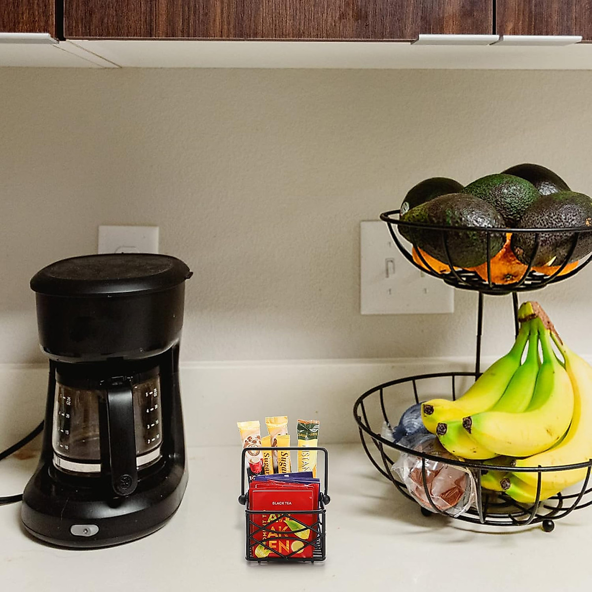 Yarlung 2 Pack Sugar Packet Basket Metal Wire Tea Bag Holder with Removable Stylish Handle, 4.7x3.5x2.5 Inches Coffee Bar Packet Coffee Pod Holder for Coffee Table, Office, Elegant Black