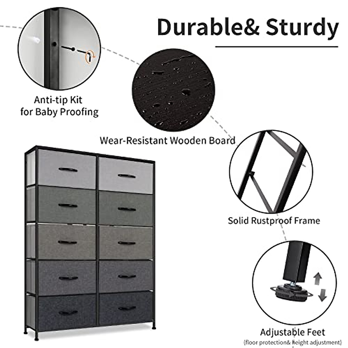 LLappuil Tall Dresser for Bedroom for Adult Kids, Fabric Storage Dresser with 10 Drawers for Clothes, Large Capacity Dresser Chests of Drawers Tower for Closet, Nursery, Living Room, Hallway, Grey