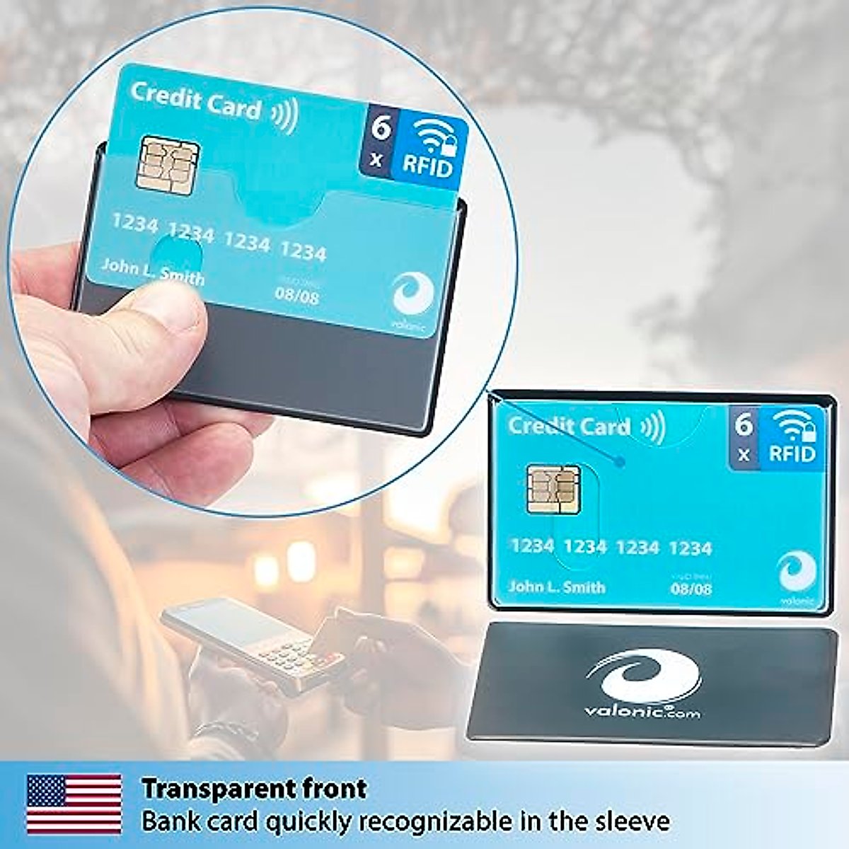valonic set of 6 RFID blocking sleeves - insertion from the top, Credit Card Protector sleeve for wallet - Protection block for Debit Card and Metro Card